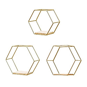KHBNHJ 3 Pcs Gold Hexagon Wall Shelves, Floating Decorative Wire Wall Mounted Shelf, Multi-use Geometric Floating Shelves Metal Shelving for Bedroom Living Room Kitchen Office, 6.7in 9.4in 11in