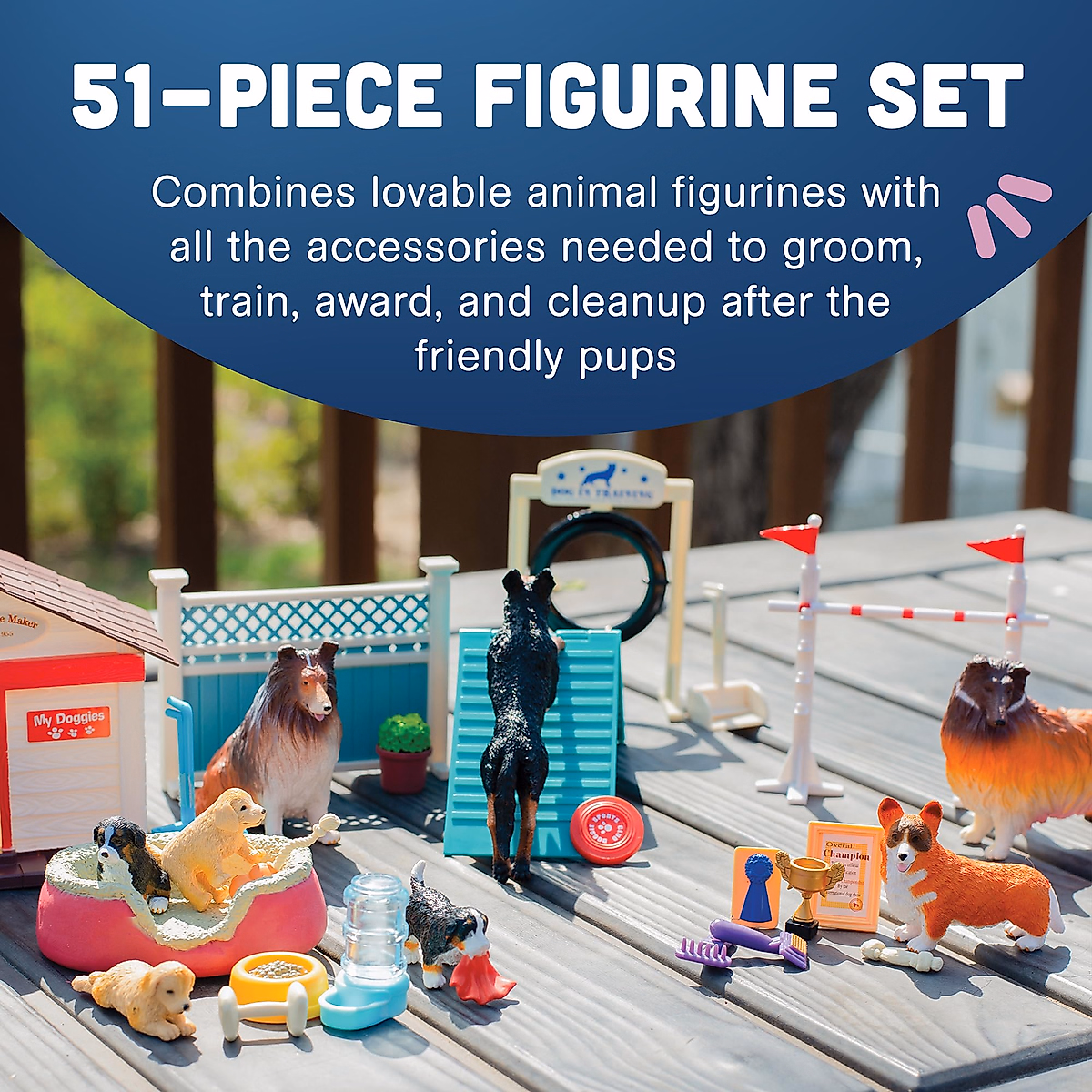 CP Toys Kids 51-Piece Dog Academy Playset with Plastic Toy Dog Figurines, Pretend Play Animal Toys with Dogs, Puppies, and Accessories for Kids Ages 3+, Multicolor