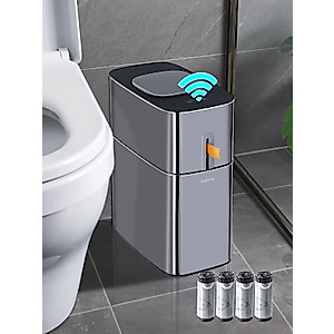 MOPUP Touchless Bathroom Trash Can, 4 Gallon Narrow Metal Automatic Privacy Garbage Can with Motion Sensor and Waterproof Design for Bedroom, Office, Toilet.Stainless Steel Dog-Proof Trash Bin.