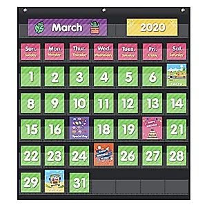EAMAY Classroom Monthly Calendar Pocket Chart with 71 Cards for Kids Learning for Home(Black)