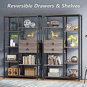 LITTLE TREE Reversible Bookshelf with 2 Drawers, 5 Tier Tall Bookcases Wood Open Bookshelves Display Book Shelf Decorative Storage Shelves for Living Room Bedroom, Black Rustic Gray