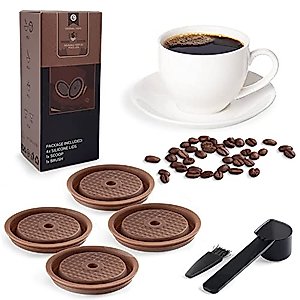 Reusable Coffee Capsule Lids for Original Nespresso Vertuoline Pods, Food Grade Silicone Caps for Refillable Nespresso Vertuo Pods with Scoop and Brush, 4 PCS(Brown)