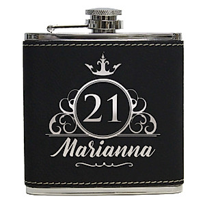 Custom Personalized Twenty First Birthday Flask for 21st Bday Party (Black with Silver)