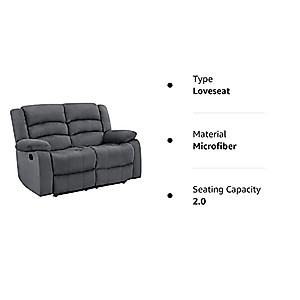 Blackjack Furniture Winthrop Microfiber, Modern Recliner Chair for Living Room and Home Theater, 60" L x 35" W x 40" H, Den Loveseat, Gray