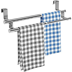 HapiRm Kitchen Towel Holder, Expandable Double Over The Cabinet Towel Holder, Stainless Steel Towel Hanger for Universal Fit on Inside or Outside of Cupboard Doors, Silver(for 0.8in Cabinet Doors)