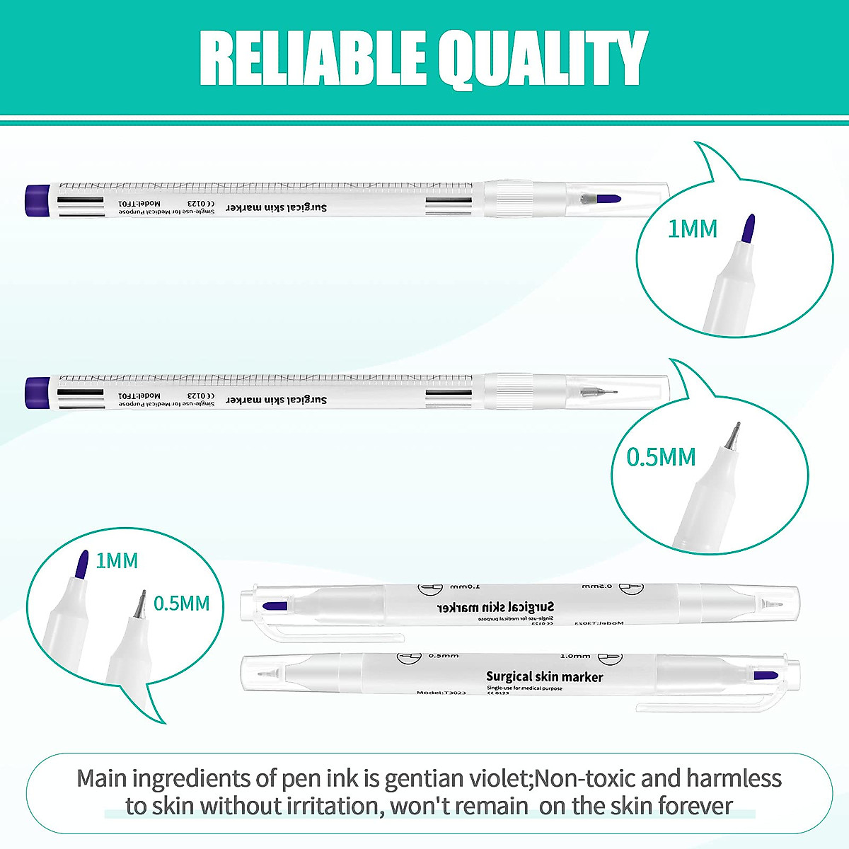 Zonon 5 Pieces Tattoo Tip Markers Skin Marker Pen Tattoo Pen in 0.5 mm and 1 mm with Paper Ruler for Skin, Eyebrow, Lips (2 Single Head, 3 Double Heads)