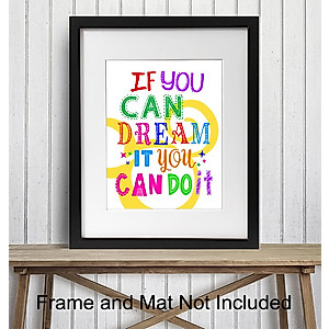 Motivational Quote Home Decor - Cute Mouse Inspirational Gift for Fans - Room decoration Wall Art Poster print for Boy, Girl or Kids Bedroom, Baby Nursery - If You Can Dream It 8x10 Unframed
