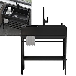 Vardeau Freestanding Stainless Steel Black Utility Sinks,Commercial Kitchen Washing Sink 1Compartment with Faucet,Heavy Duty Hand Washing Basin, 90x45x86cm