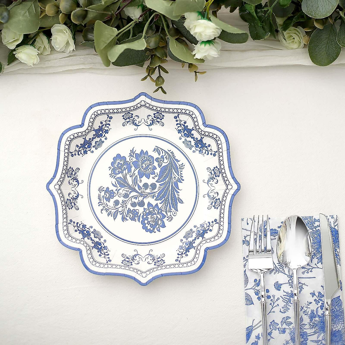 Tableclothsfactory 25 Pack | 8" White/Blue Chinoiserie Floral Print Paper Dessert Plates with Scalloped Rims, Disposable Salad Appetizer Plates - 300 GSM
