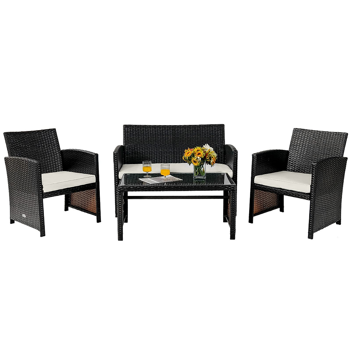 Tangkula 4 Pieces Rattan Furniture Set, Outdoor Conversation Set w/Chair & Loveseat & Tempered Glass Coffee Table, Suitable for Garden, Backyard, Poolside, Patio Furniture Set for 4 (1, White)