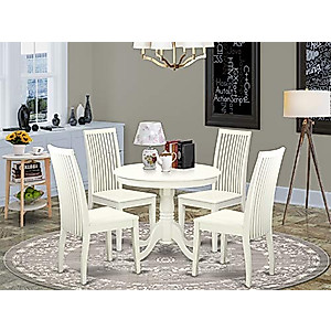 East West Furniture ANIP5-LWH-W 5 Piece Modern Set Includes a Round Kitchen Table with Pedestal and 4 Dining Room Chairs, 36x36 Inch, Linen White