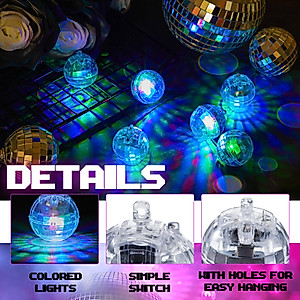 Crowye 12 Pcs Mini Disco Balls Decorations Light up LED Disco Balls Hanging Ornaments 70s 80s Disco Themed Party Supplies Dance Music Neon Christmas Party Favors