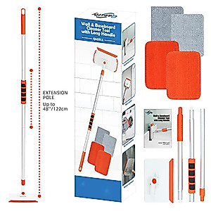 Qaestfy Wall & Baseboard Cleaner Mop Tool with 49'' Long Handle for Cleaning Window Floor Skirting Board Ceiling Bathtub Tub Tile Scrubber Brush Duster with 4 Reusable Pads
