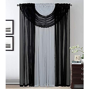 Elegant Home Complete Multicolor Window Sheer Curtain All-in-One Set with 4 Panels and 2 Valances with with Crystal Beads for Living Room, Dining Room, Or Any Other Windows- Laura (Black / White)