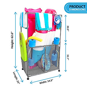 Pool Bins Pool Equipment Holder with Towel Drying Bars, Mesh Rolling Multi Use Storage Organizer Bin, Large Towel Hanger (25" L x 34.5" W x 62.6" H), Gray
