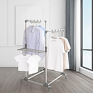 Hershii Rolling Garment Racks for Hanging Clothes Heavy Duty Clothing Drying Rack Double Rails Laundry Hanger Storage Organizer with Foldable Shelves & Windproof Hooks - Height Adjustable