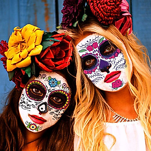 Day of the Dead Face Tattoos - 10 Sheet Halloween Temporary Tattoos Face Sticker Kit Día de Los Muertos Glitter Red Roses Skeleton Sugar Skull Fake Tattoo for Halloween Makeup on Face Body Men Women