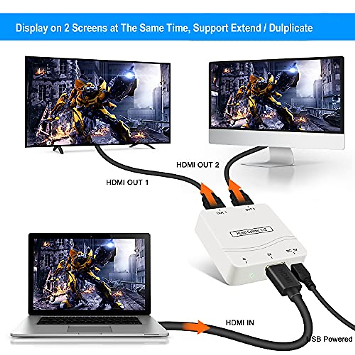 HDMI Splitter 1 in 2 Out, HDMI Distribution Amplifier 3D 4K UHD 1080P @60HZ Splitter 1x2 HDMI Duel Screen Duplicator Supports HDCP