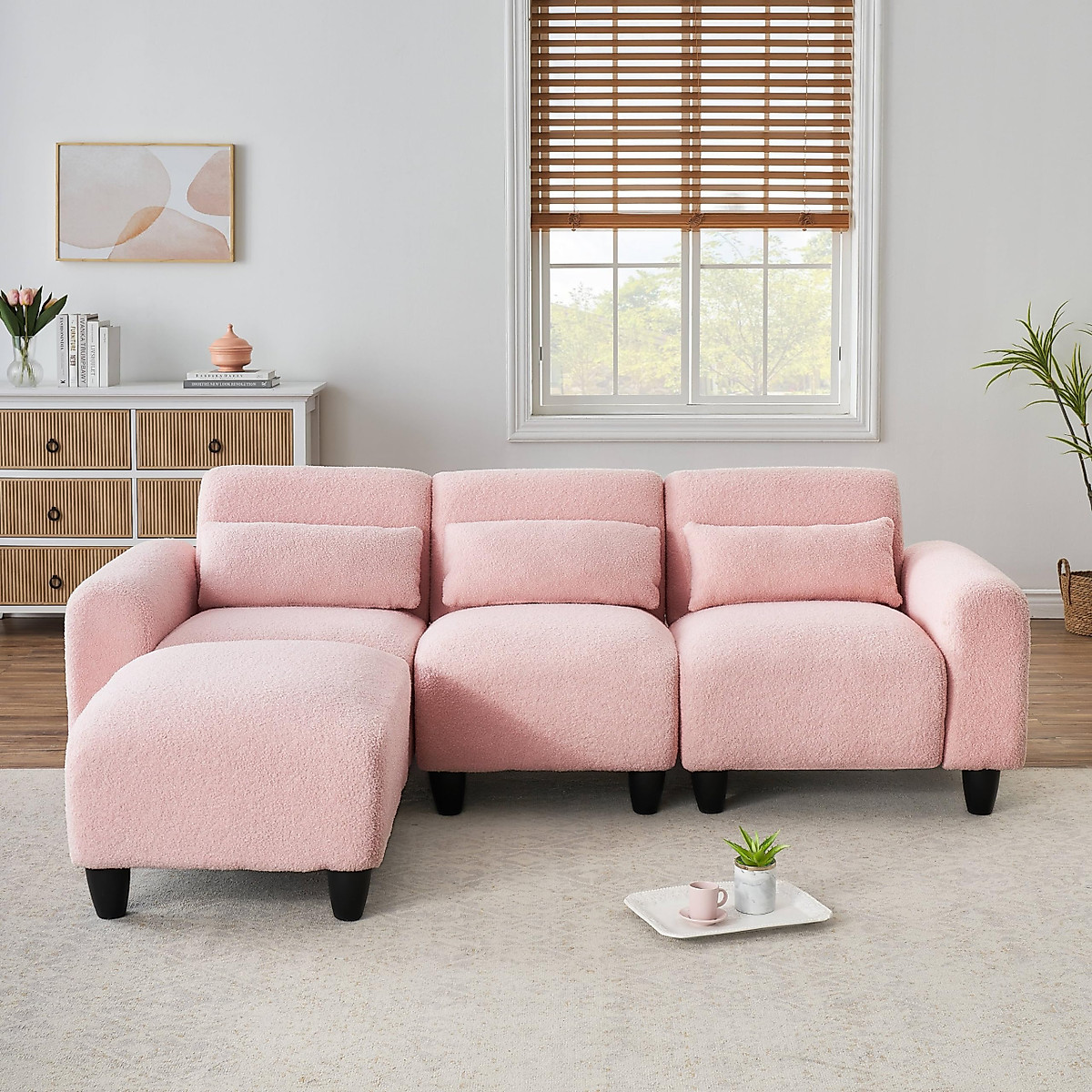 FREESNOOZE 84.6 inch Modern Teddy Sectional Sofa L-Shaped Couch with 3 Waist Pillows for Small Apartment, Bedroom, Spaces(Pink)