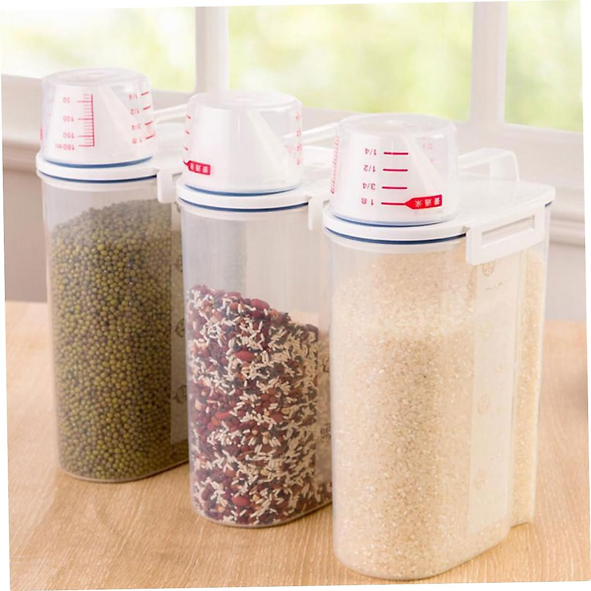Eaarliyam Rice Storage Container, Rice Container Bin with Pour Spout and Measuring Cup Plastic Clear 2KG Cereal Food Airtight Keeper Dispenser for Home Kitchen