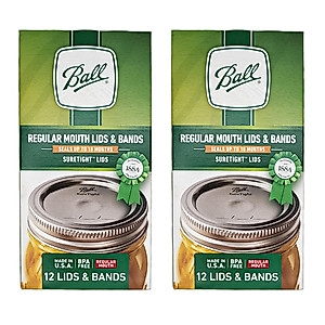 Regular Mouth, 12 Lids with Bands per Pack - (2 Pack) - Ball Regular Mouth Lids and Bands - Canning Lids and Bands Regular Mouth For Ball, and Kerr Mason Jars + M.E.M Rubber Jar Opener Included