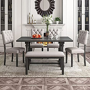 6 Pieces Dining Table Chair Set, Rectangle Dining Table with 4 Upholstered Chairs & a Bench, Wood Kitchen Table Chairs Set for 6 Persons, Modern Style Dining Room Set (Gray+ Beige)