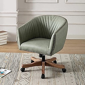 QUINJAY Green Faux Leather Home Office Desk Chair, Upholstered Barrel Swivel Adjustable Arm Desk Chair with Nailheads, Comfy Mid-Back Study Chair with Silent Wheel for Study Office Computer