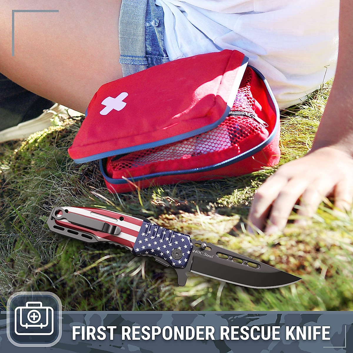 Grand Way Bundle of 2 Items Hunting Folding Knife with Rosewood Handle - Tactical EDC Pocket Knife - Pocket Knife - Tactical Knife - Good for Camping Hunting Survival Indoor & Outdoor Activities