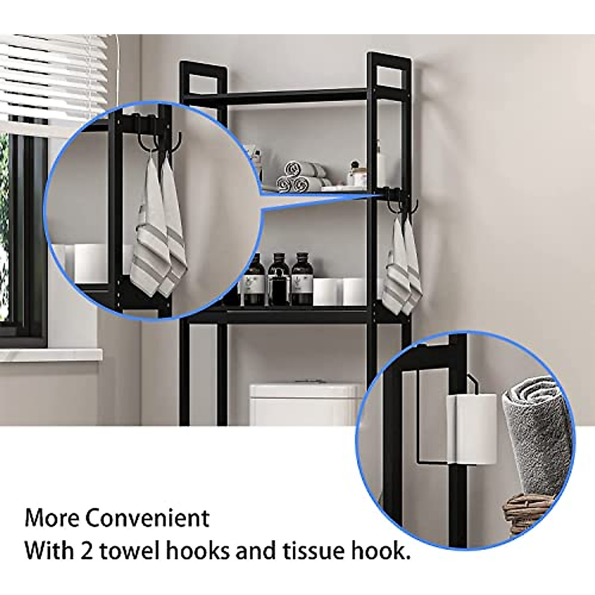 Bonzy Home Over The Toilet Storage Bamboo 3 Tier Bathroom Organizer Space Saver Bathroom Shelf Freestanding Toilet Stands with Hooks, Black