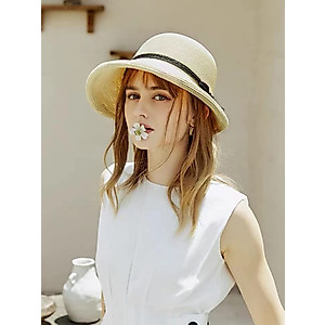 Straw Beach Sun Hat for Women Summer Bucket Hat Elegent Vintage 1920S Packable SPF UV Protection Boho Hat (Beige)