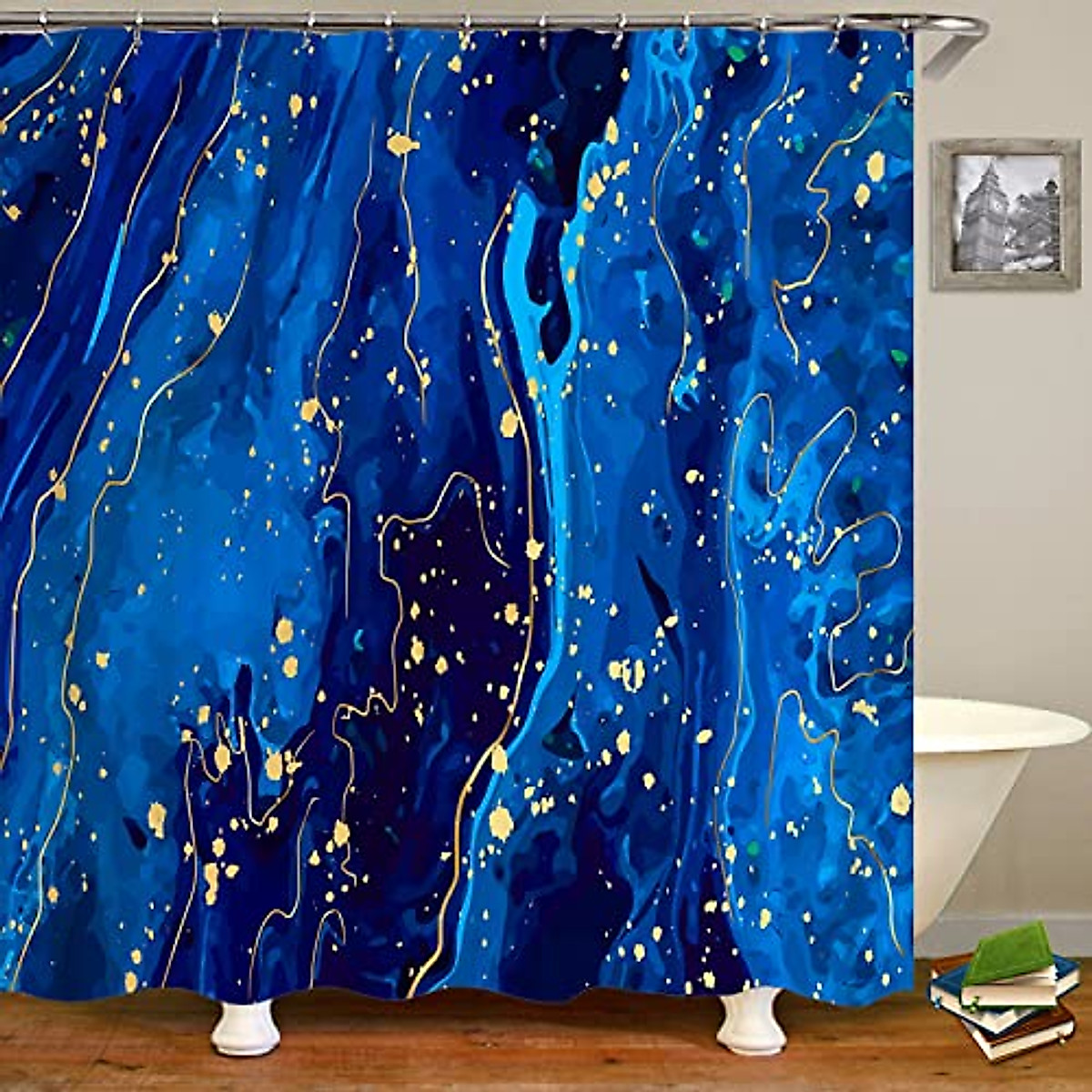 Bathroom Sets with Shower Curtain and Rugs, Bathroom Curtains Shower Set Include Waterproof Shower Curtain Non-Slip Rug Toilet Lid Cover Bath Mat and 12 Hooks, Blue Marble Shower Curtains for Bathroom