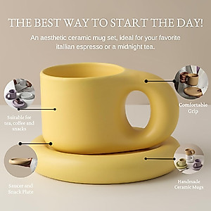 KASI & Co Ceramic Coffee Mug & Saucer Set, Aesthetic Mug with Handle for Office and Home, Microwave Safe for Tea and Espresso Drinks, 8.5 oz for Latte Tea (Yellow)