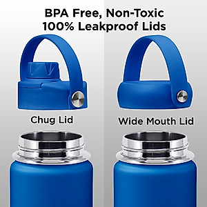 ThermoProof Hot & Cold Insulated Stainless Steel Water Bottle, Durable Leak Proof Gym Bottles for Men, Women & Kids, Double Walled Vacuum Bottles - 2 Lids (Blue, 22oz)