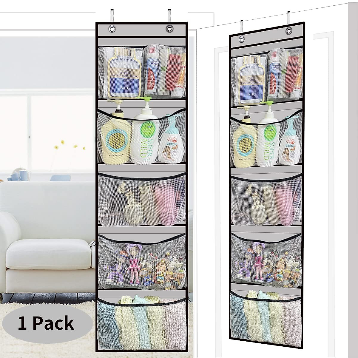 Jremreo Over The Door Organizer with 5 Large Pockets, Hanging Storage Shelves, Behind The Door/Wall/Nursery Closet Door Organizer for Bedroom Bathroom with 2 Metal Hooks