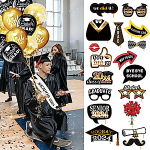 graduation decorations class of 2024 black gold - (89pack) Congrats Grad Banners, class of 2024, Hanging Swirl, Balloons, Tablecloths, Cupcake Topper, Plates, Photo Props, senior 2024 Sash