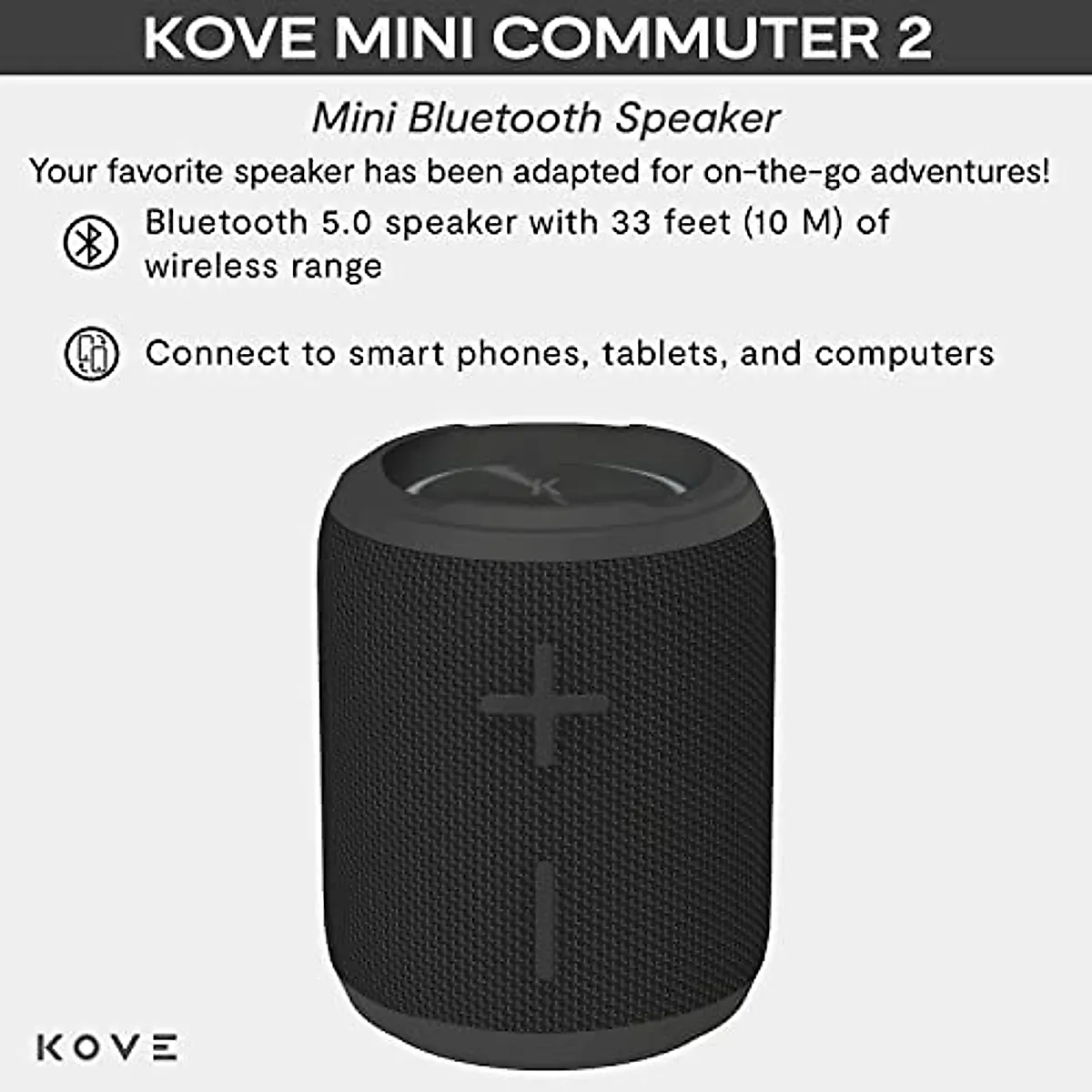 KOVE Mini Commuter 2 Portable Speaker - Black Bluetooth Speakers, Wireless with HD Louder Volume, Deep Bass Subwoofer, Microphone, IPX7 Water Resistant - Perfect Boom Box for Home, Outdoor or Travel