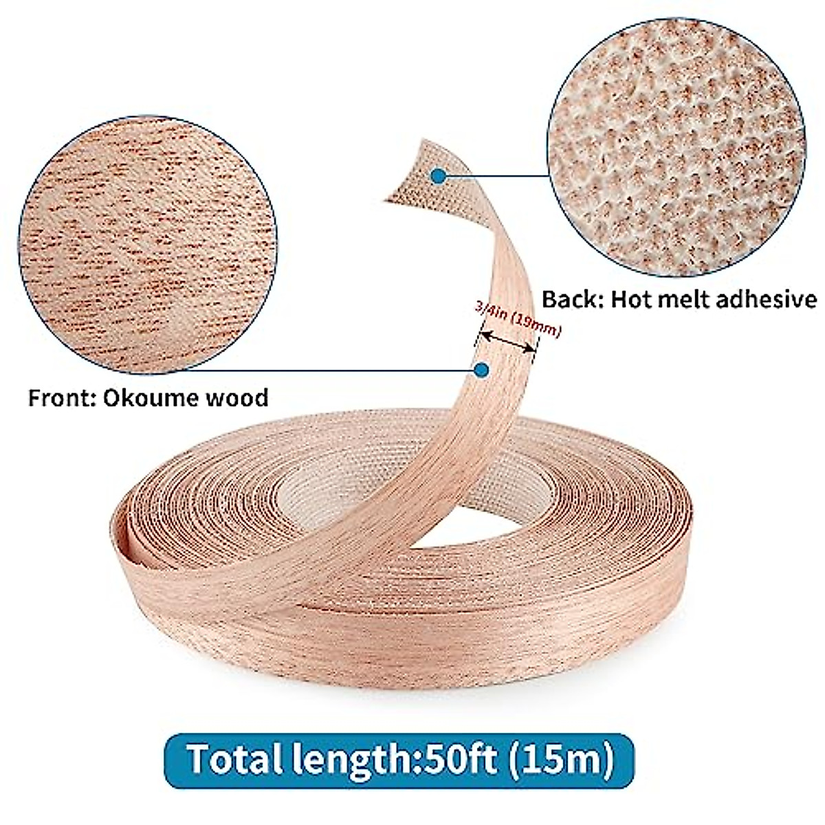 Skelang Okoume Edge Banding, 3/4" X 50' Wood Strip Preglued, Iron on Veneer Edging Tape for Cabinet, Table, Door