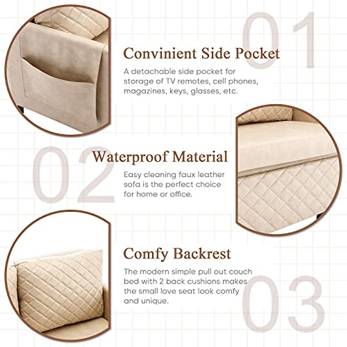 Antetek Sleeper Sofa Bed, 46-inch Faux Leather Loveseat Sleeper Sofa Couch with Pull-Out Bed, Small Love seat Sofa Single Bed with a Detachable Side Pocket for Living Room, Office, Camel