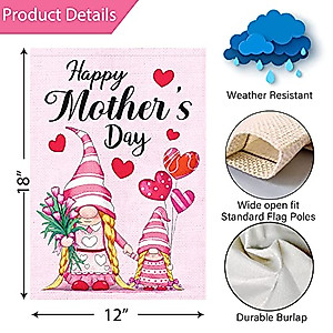 Louise Maelys Happy Mother's Day Garden Flag for Mom 12x18 Double Sided, Burlap Small Vertical Pink Gnome Garden Yard Flags for Spring Outside Outdoor House Mothers Day Decoration (ONLY FLAG)
