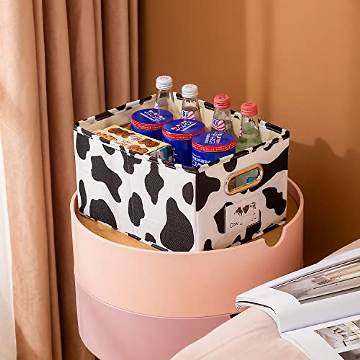 PRANDOM Collapsible Storage Baskets for Closet [3-pack] Decorative Linen Fabric Storage Bins Cubes with Metal Handles for Shelves Bedroom Living Room Cows (11.5x8.5x6.7 Inch)
