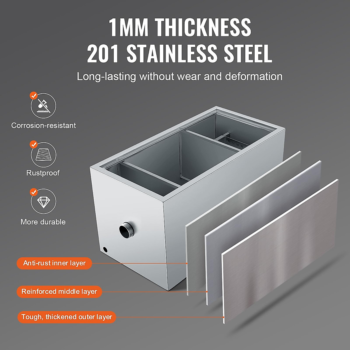 VEVOR Commercial Grease Trap, 25 LBS Grease Interceptor, Top Inlet Interceptor, Under Sink Stainless Steel Grease Trap, 6.4 GPM Waste Water Oil-water Separator, for Restaurant Canteen Home Kitchen