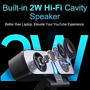 ROCWARE Autofocus Webcam with Microphone Speaker, RC08 2K Web Cam, Computer Camera for PC with Noise Reduction Mic/Harman Speaker/4X Eptz/Privacy Cover/0.2S Auto-Focus/Low Illumination, for Zoom/Teams