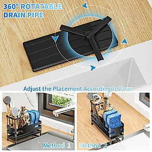 galasily Kitchen Sink Caddy Sponge Holder for Kitchen Sink with Brush Holder and Stainless Steel Self Drain Tray, Rustproof Kitchen Sink Organizer for Sponge, Kitchen Accessories (Black, Large)