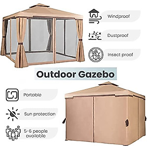 SUNCROWN 10 x 10 FT Outdoor Gazebo for Patio Aluminum Frame Garden Permanent Gazebo with Vented Soft Canopy and Mosquito Netting, Khaki