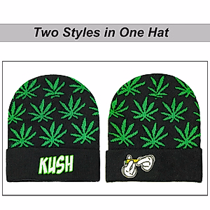 Marijuana Weed Acrylic-Hat Knit Beanie - Leaf Pot Cuffed Knit Winter Weed Beanie Hat Mens Women Green