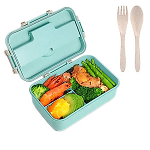 Supplim Bento Box For Kids Adults Lunch Box With 3 Compartment,Wheat Fiber Leak Proof Food Container With Spoon & Fork,1200ML Lunch Boxes Containers For Men Women (Model2-Green)