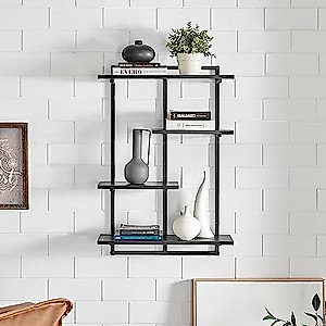 Danya B Rhodes 4 Tier Modern Floating Windowsill Wall Shelf Unit with Metal Frame and MDF Shelves (Black/Black)