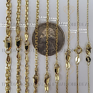 14k SOLID Yellow or White or Rose/Pink Gold 1.1mm Shiny Diamond Cut Cable Link Chain Necklace for Pendants and Charms with Spring-Ring Clasp (13", 16",17" 18", 20" or 24 inch)