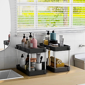 2 Pack Under Sink Organizer,2 Tier Under Sink Organizers and Storage,Under Cabinet Organizer with Hooks,Multi-Purpose Standing Rack Organizer for Bathroom Kitchen