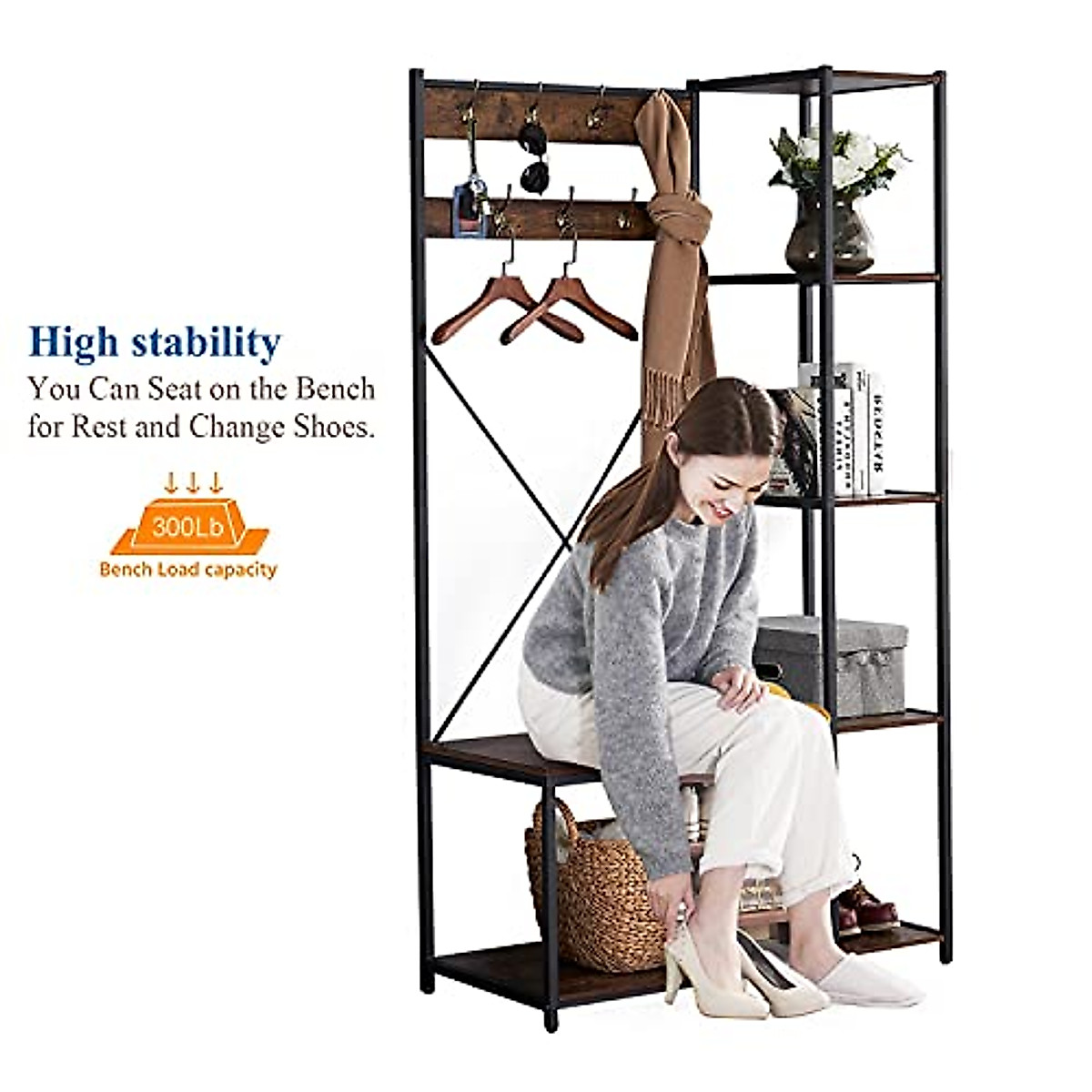 VECELO Coat Rack Shoe Bench,Hall Tree with 7 Hooks Entryway Storage 4-Tier Shelves and 1-Tier Shoe Shelf,Wood Look Accent Furniture Metal Frame,4 in 1 Design, Easy Assembly,Brown
